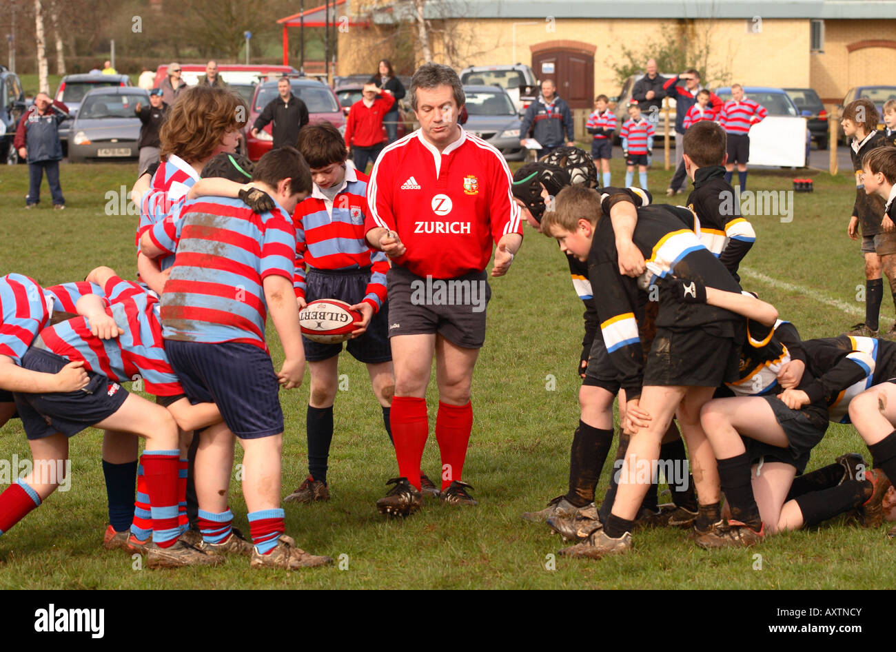 Junior rugby match Under 12 players scrum scrumage under the ...