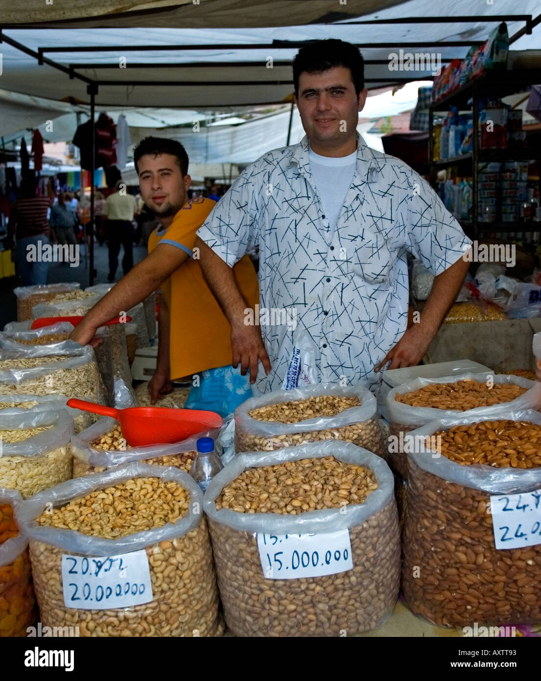 Young men selling nuts at the Saturday Market, Selcuk, Turkey, Middle ...