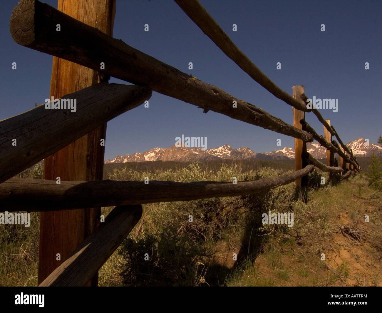 Wood fence and Sawtooth mountains near Stanley, Idaho. USA Stock Photo ...