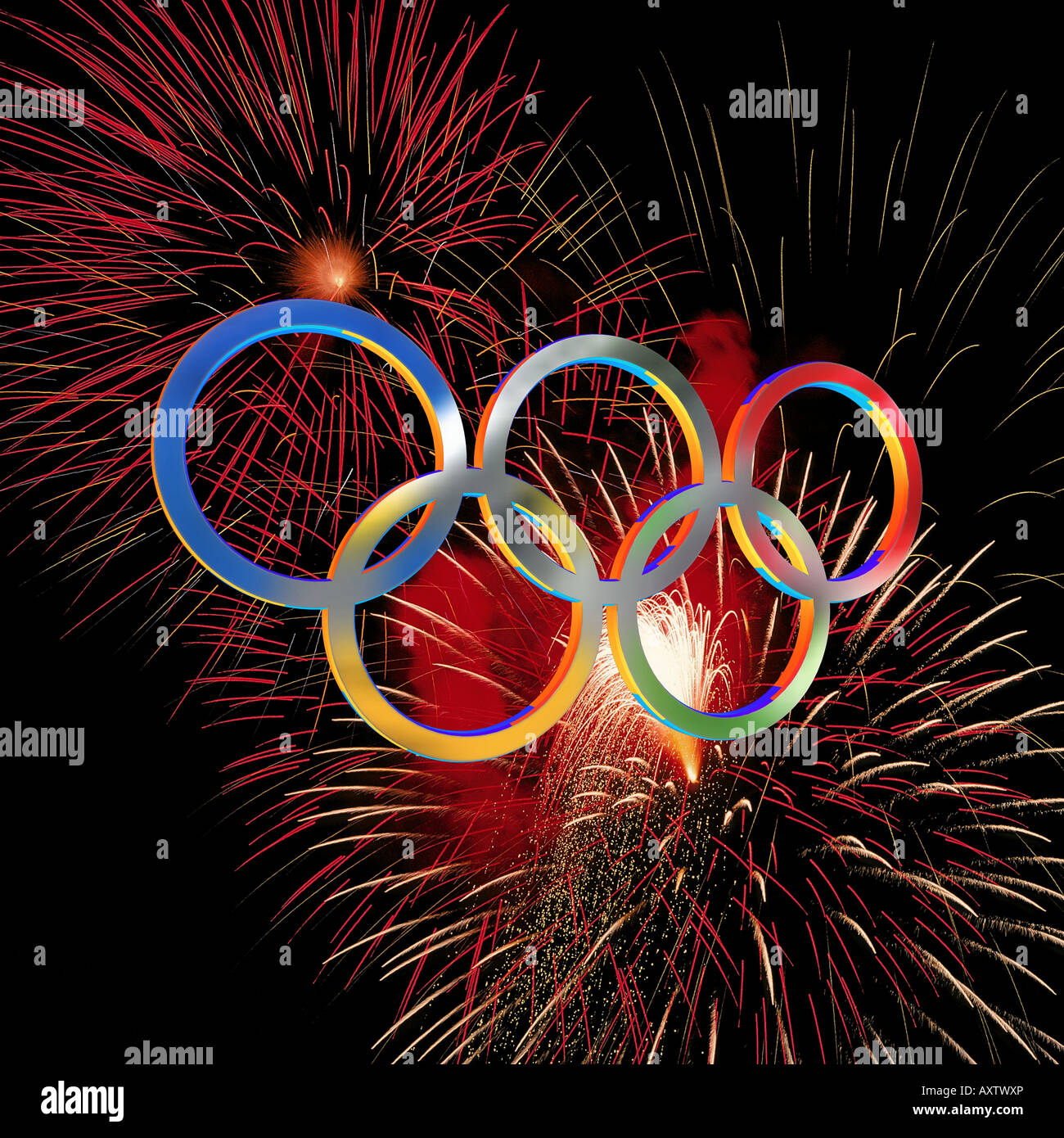 Artistic interpretation of the five olympic rings against a backdrop of ...
