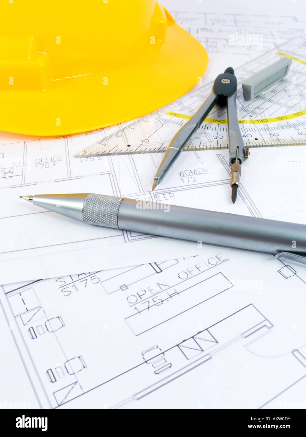 Building projects with architect drawing and protective tools Stock ...