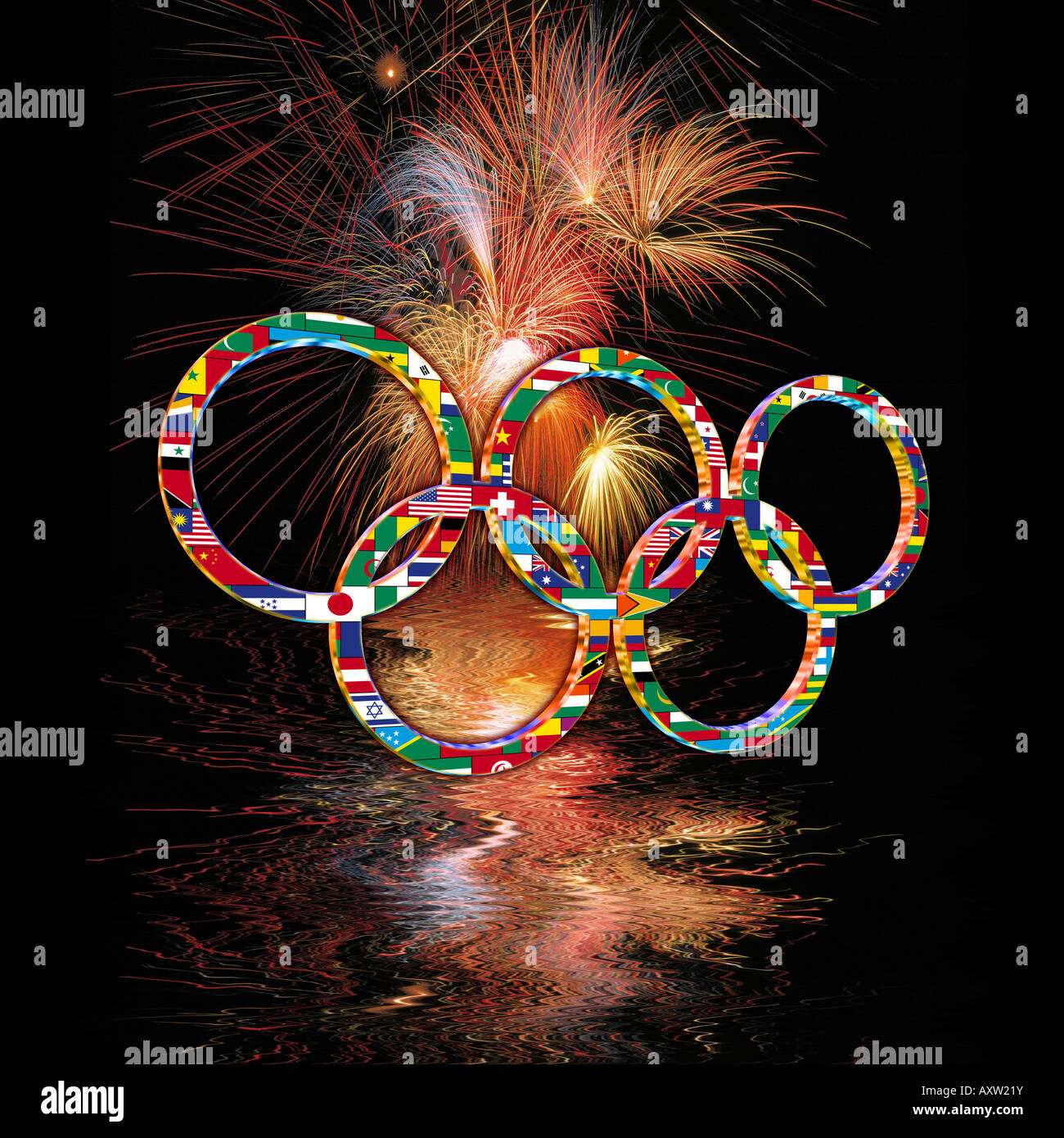 Olympic rings covered with national flags against spectacular fireworks ...