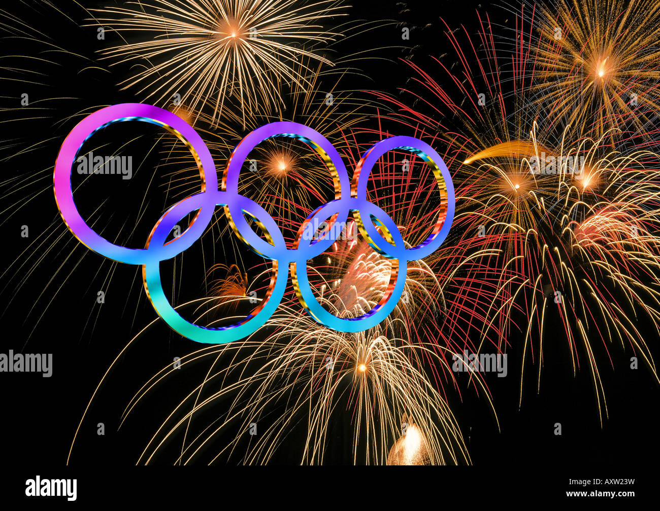 Artistic interpretation of the five olympic rings against a backdrop of ...