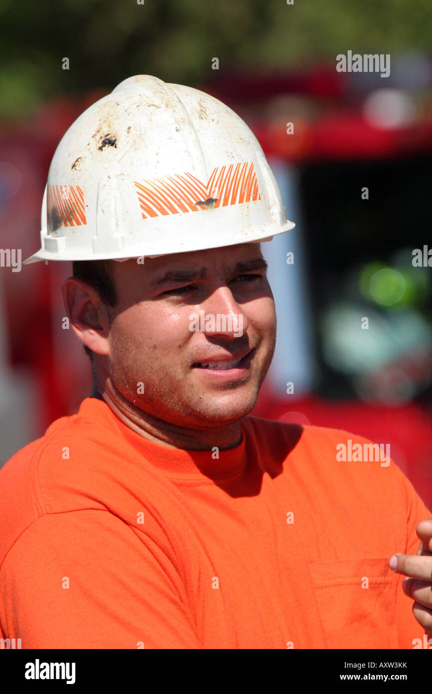 A workman with a helmet on at a Safety Fair in Wisconsin Stock Photo ...