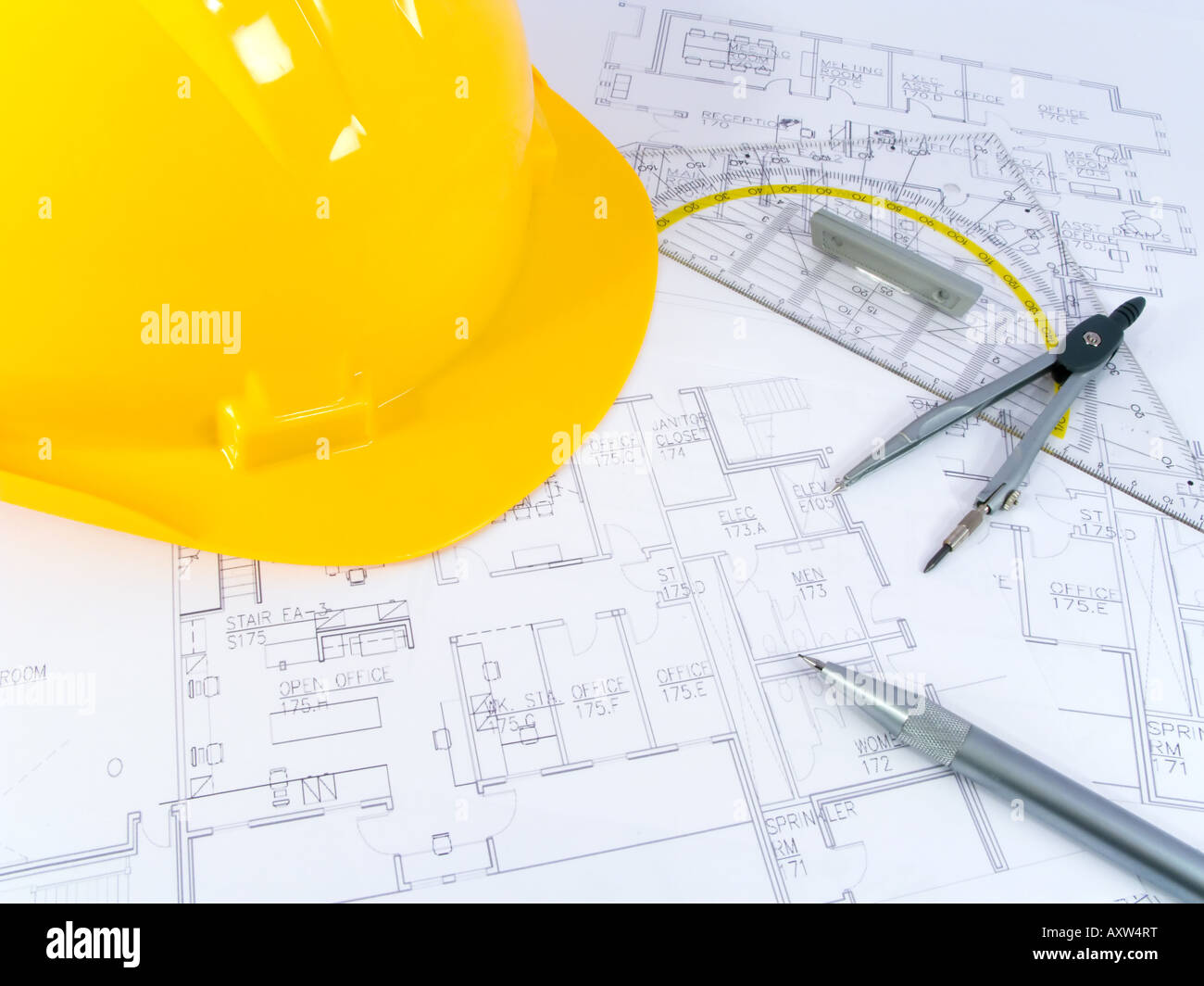 Building projects with architect drawing and protective tools Stock ...