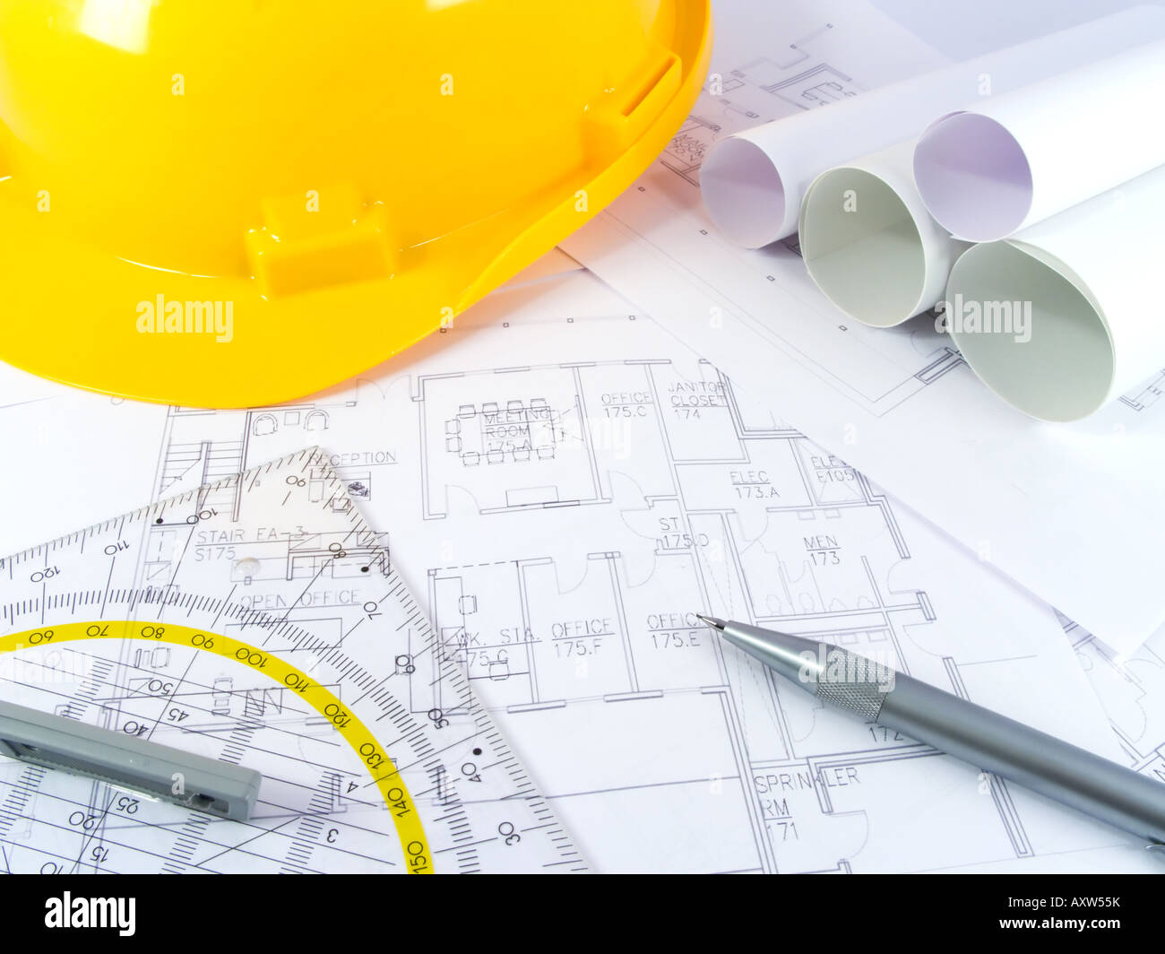 Building projects with architect drawing and protective tools Stock ...