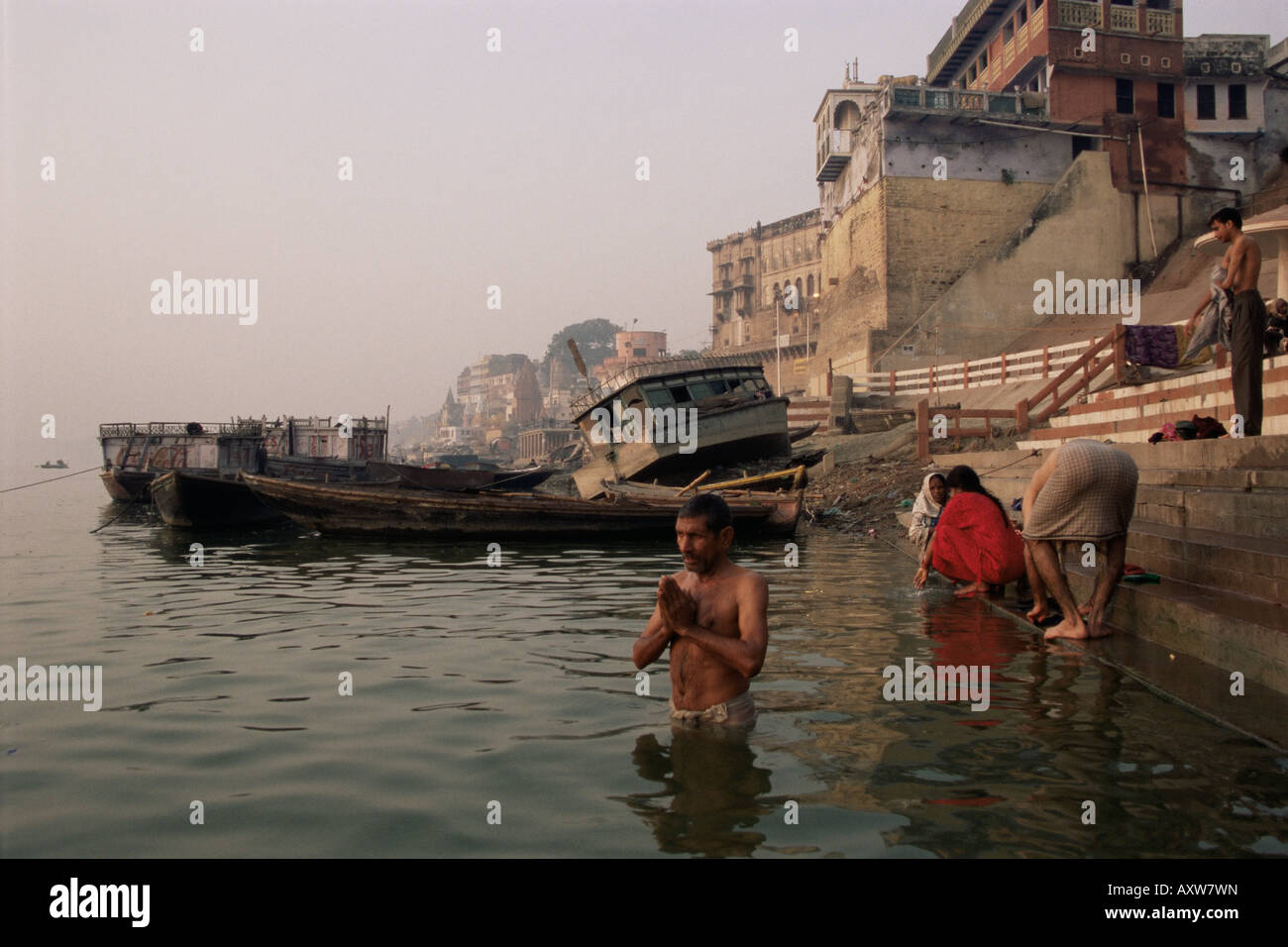 Morning ablutions, Hindu pilgrims bathing in the River Ganges (Ganga ...