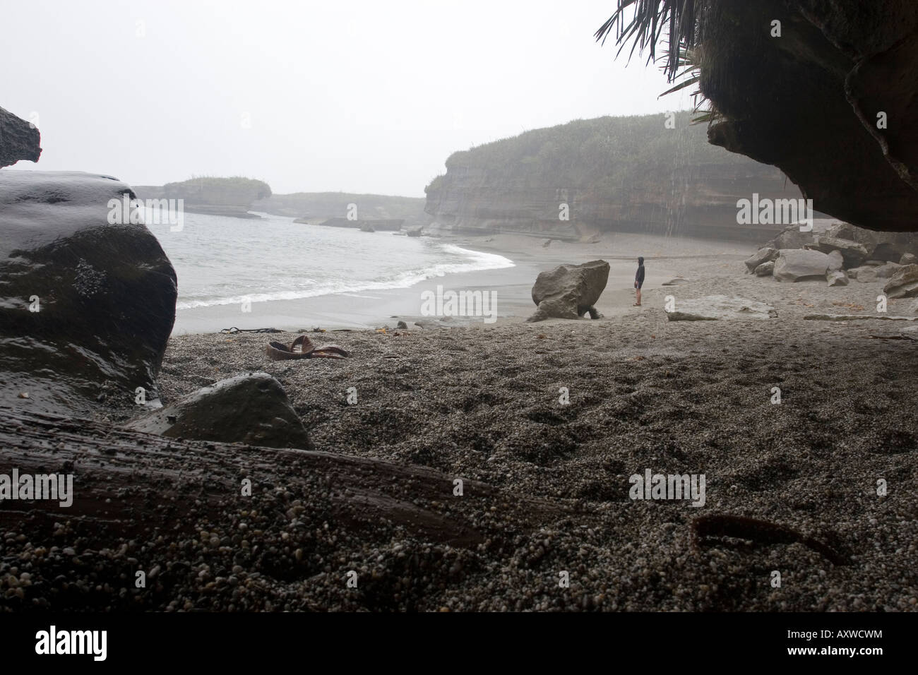 Lone Figure Stood on Pebbley Beach on Rainy Day Stock Photo - Alamy