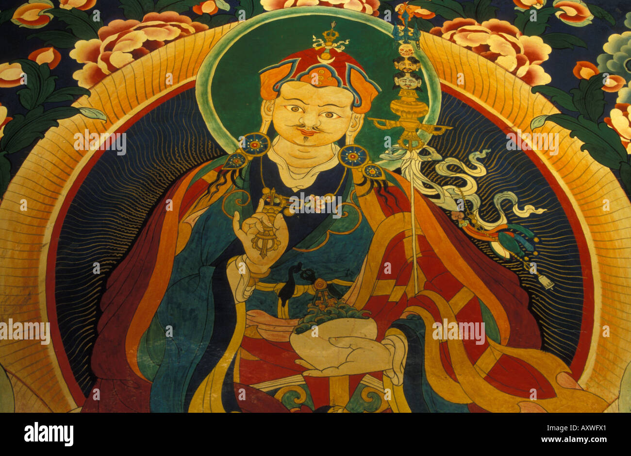 colorful ornate intricate Padmasambhava Guru Rinpoche mural Tibetan ...