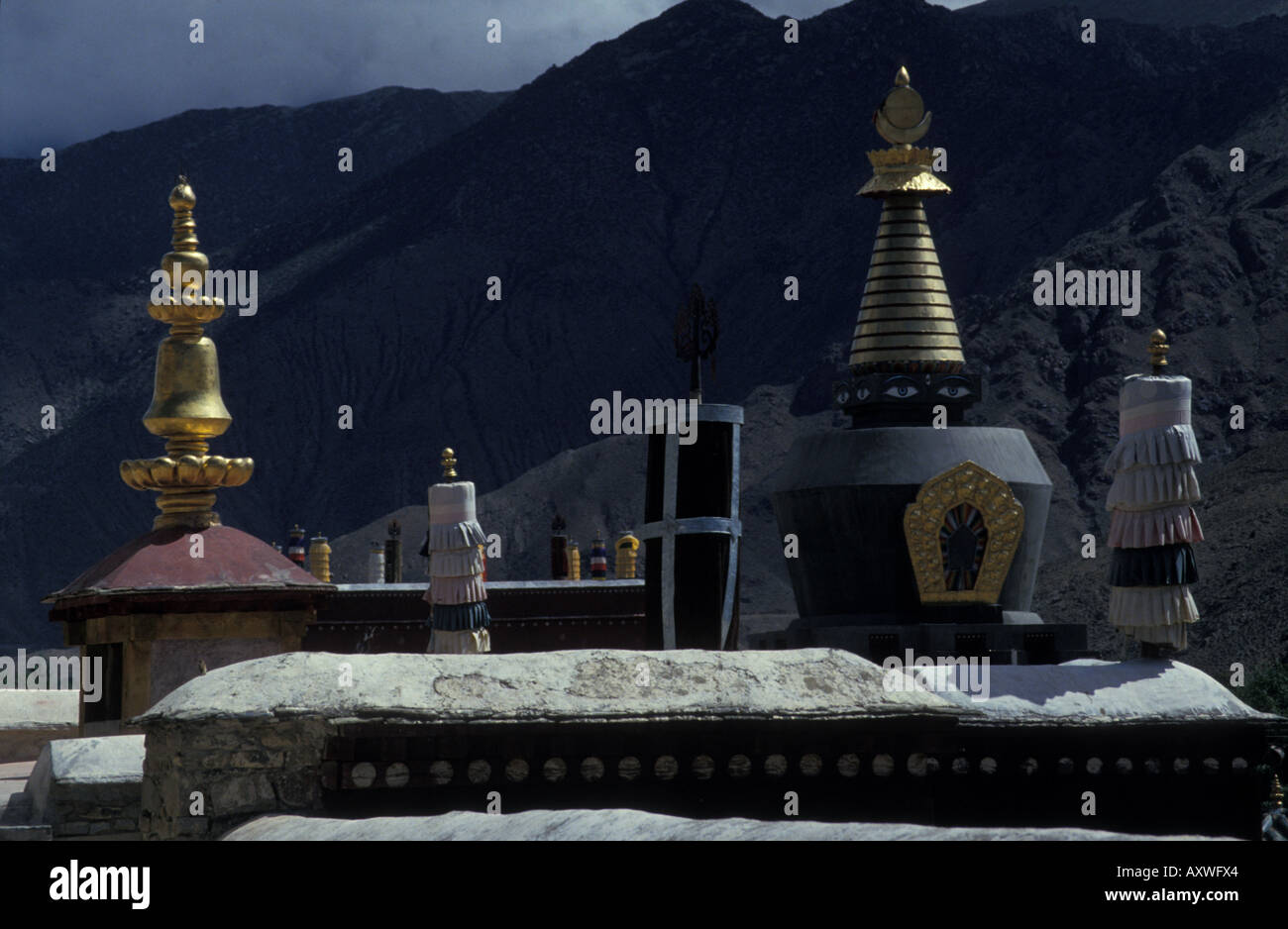 reconstructed renovated chorten stupa gompa monastery rooftop Samye ...