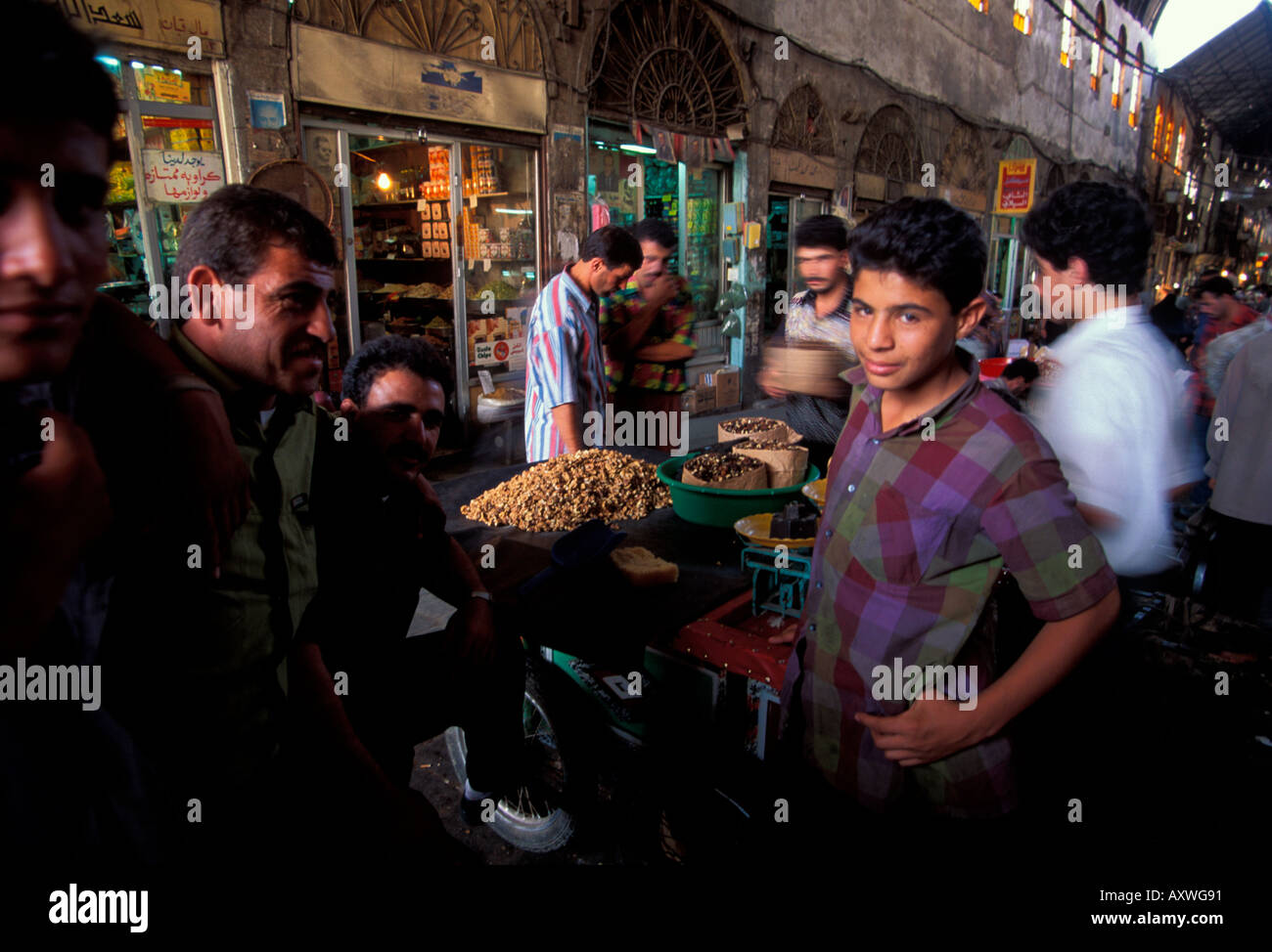 Vendors and shops on busy Straight street Damascus Syria Stock Photo ...