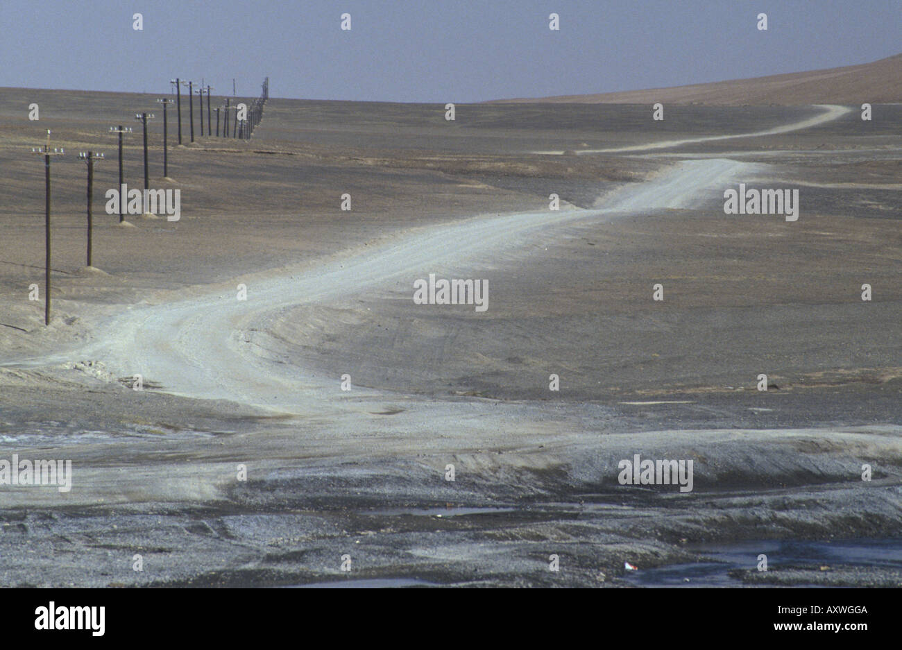telegraph poles line high altitude desert road across arid Tibetan ...