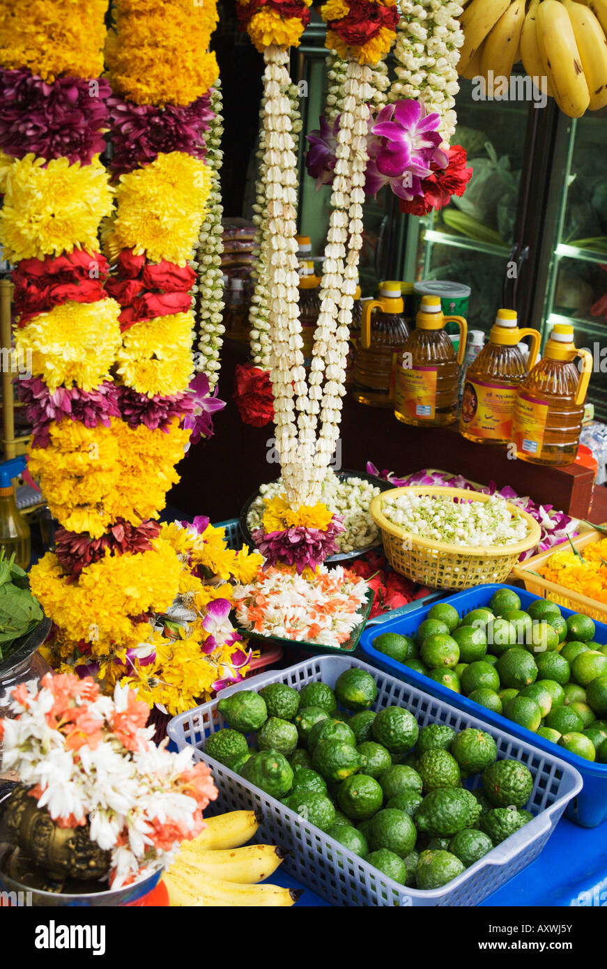 Stall selling fruit and flower garlands for temple offerings, Little ...