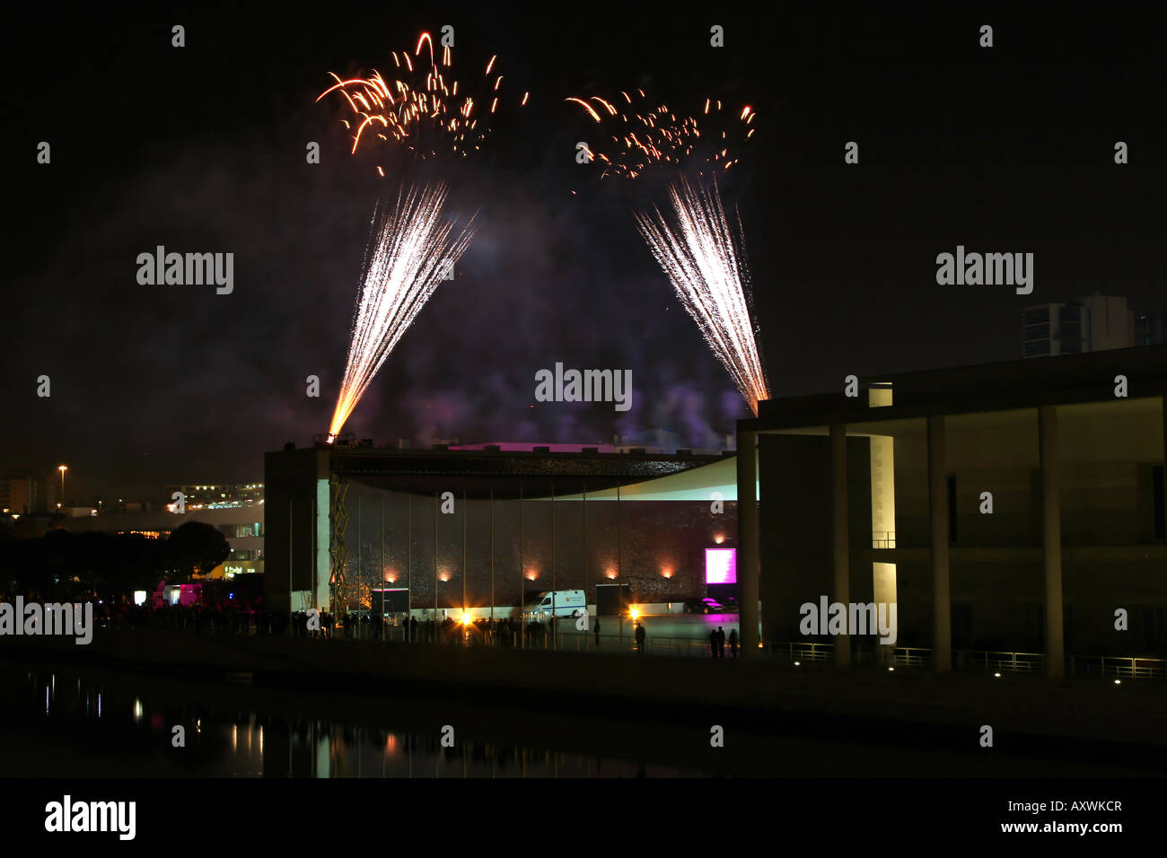 fireworks display on the portuguese pavillion at lisbon Stock Photo - Alamy