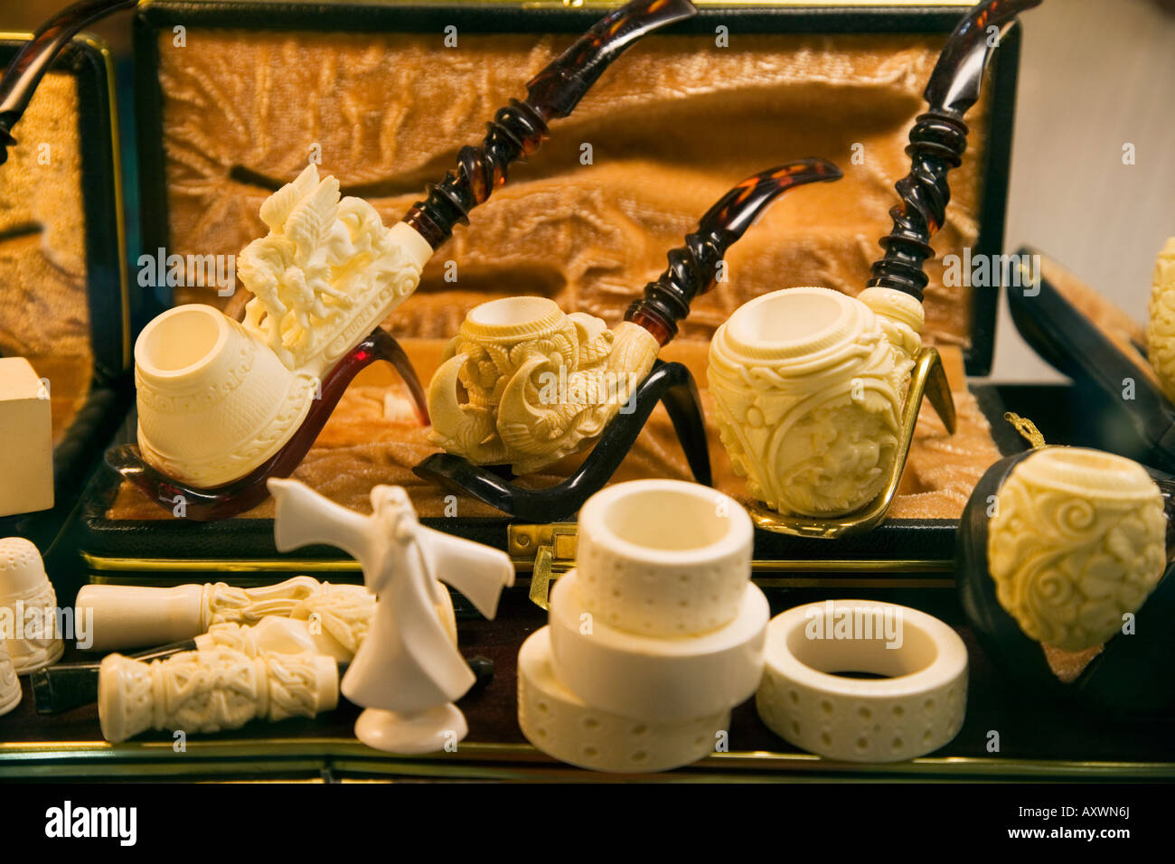 Istanbul, Marmara Region, Turkey; display of Meerschaum pipes in the ...