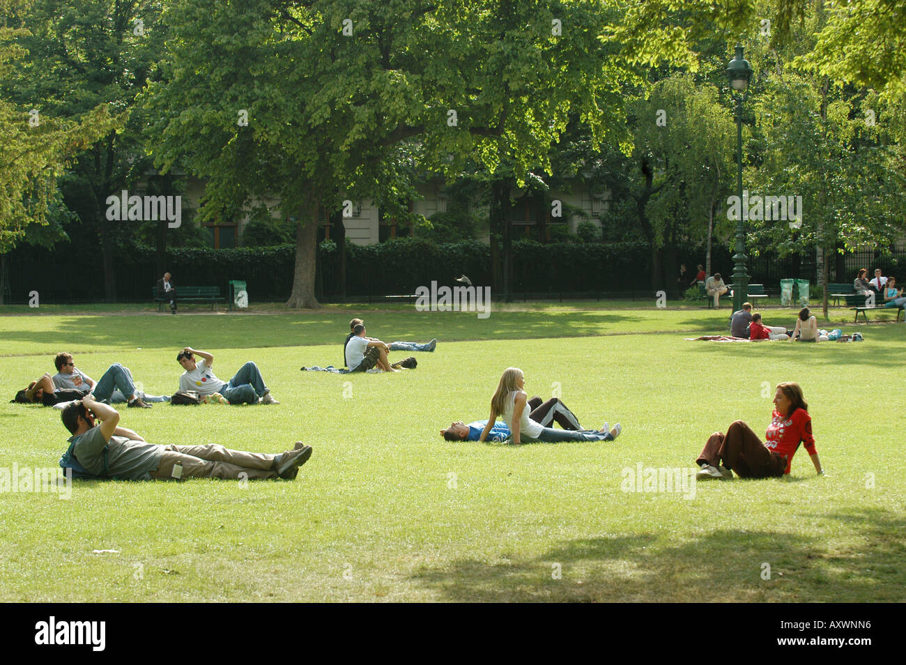 People sitting and laying down on the grass of the Eiffel Tower Park in ...