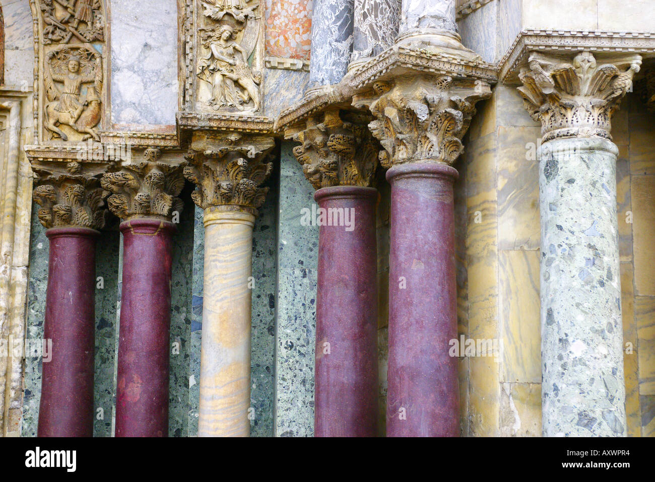 Close-up colourful marble columns at St Marks Basilica in Venice, Italy ...