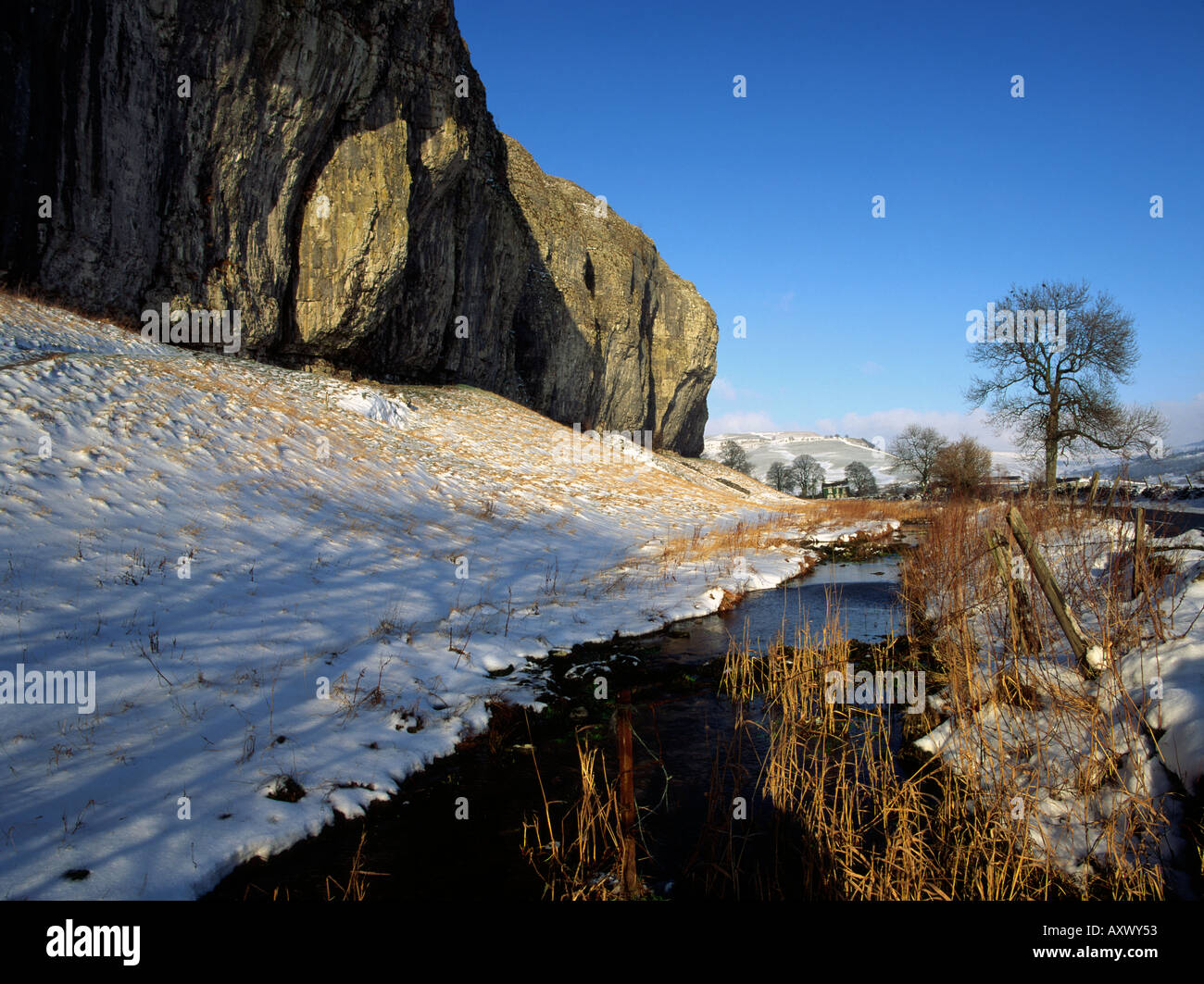 Kilnsey crag in Winter in the Yorkshire Dales Stock Photo - Alamy