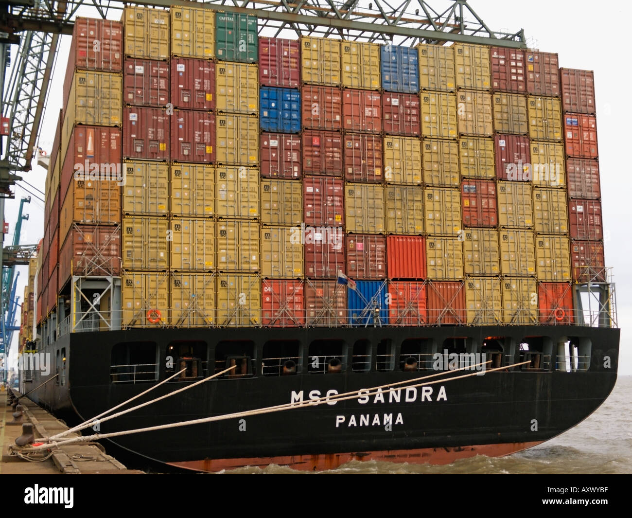 Containers piled or stacked high, View of Stern of Container Vessel ...