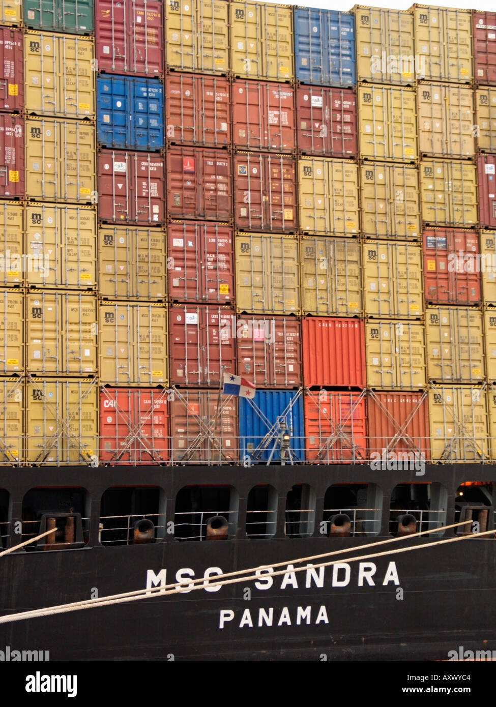 Containers piled or stacked high, View of Stern of Container Vessel ...