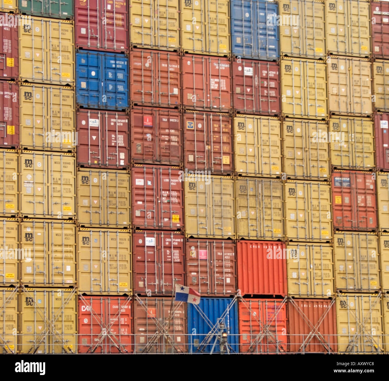 Containers piled or stacked high, View of Stern of Container Vessel ...