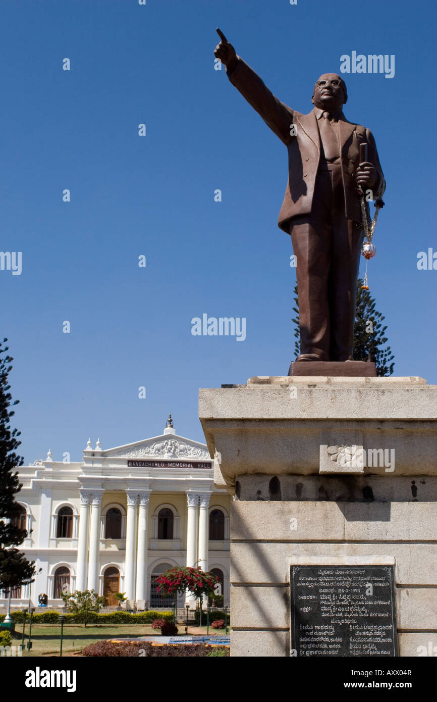The statue of an Indian politician stands on a plinth in front of the ...
