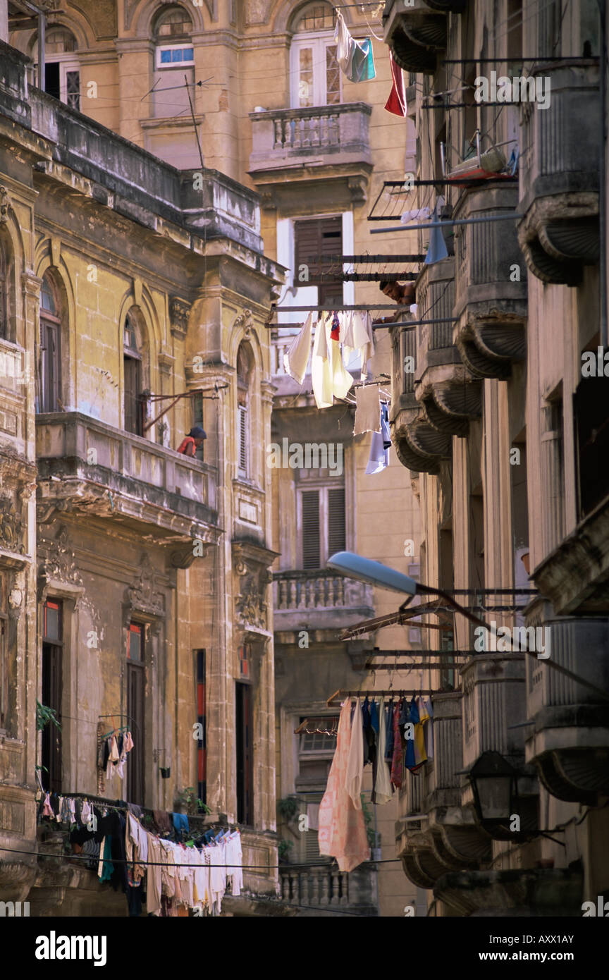 Apartment buildings with laundry hanging from balconies, Havana, Cuba ...
