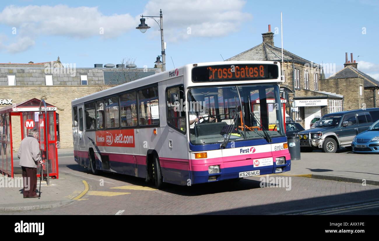 Single decker first bus in bus station in england Stock Photo - Alamy