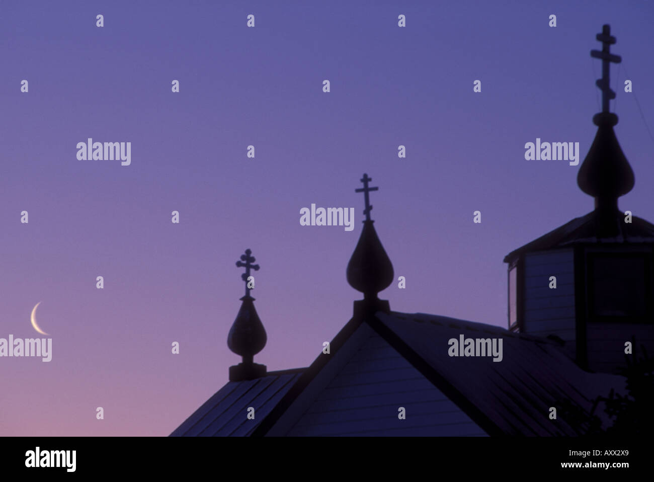 Crescent Moon and onion shaped steeples of Russion Orthodox church at ...