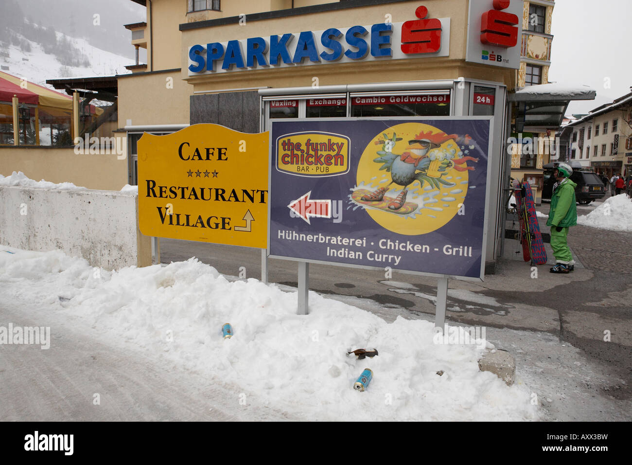 Snow scenes in busy alpine ski resort of Saint Anton, Austria Stock ...