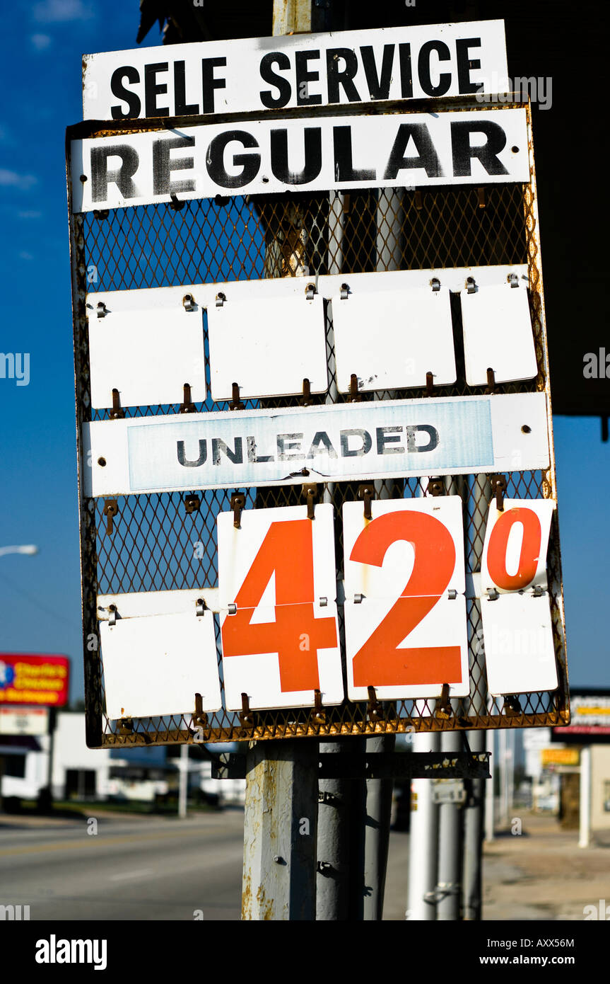 Abandoned gas station sign advertises 42 cents per gallon Stock Photo ...