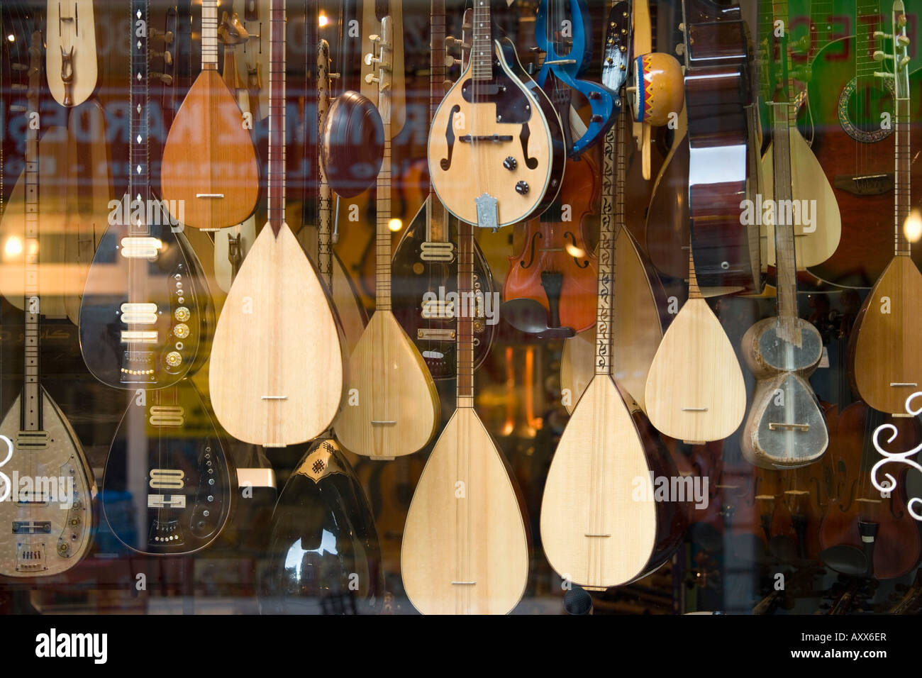 Istanbul, Marmara Region, Turkey; window display of Turkish musical ...