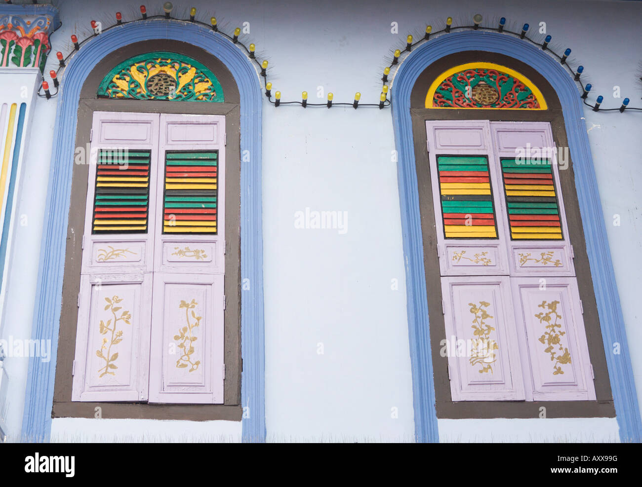 Colourfully painted window shutters in Little India, Singapore, South ...