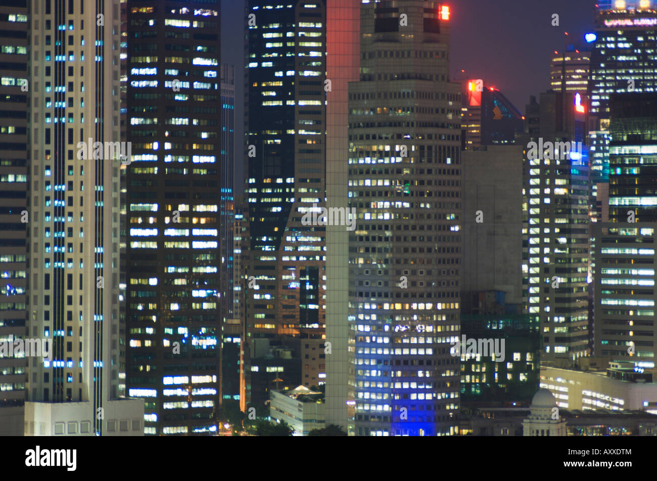 Close up of buildings in the Financial District at night, Singapore ...