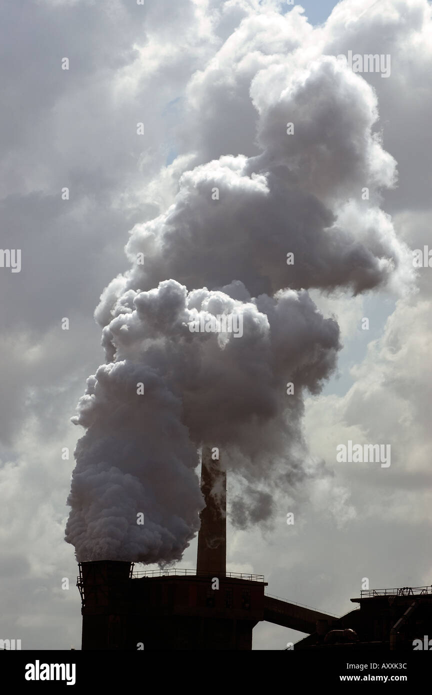 Chimney of brown coal-fired power station emitting smoke in ferrol ...