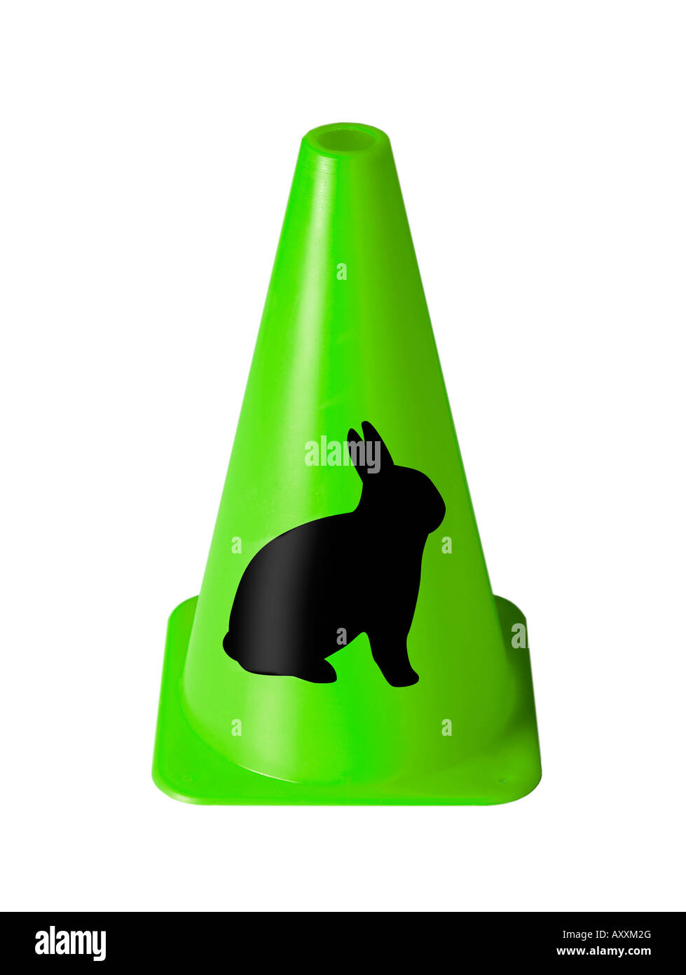 bright green safety cone with rabbit warning printed on against white ...