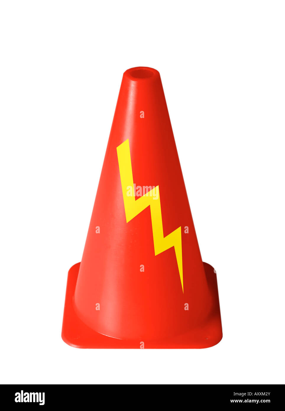 bright red safety cone with electricity sign printed on against white ...