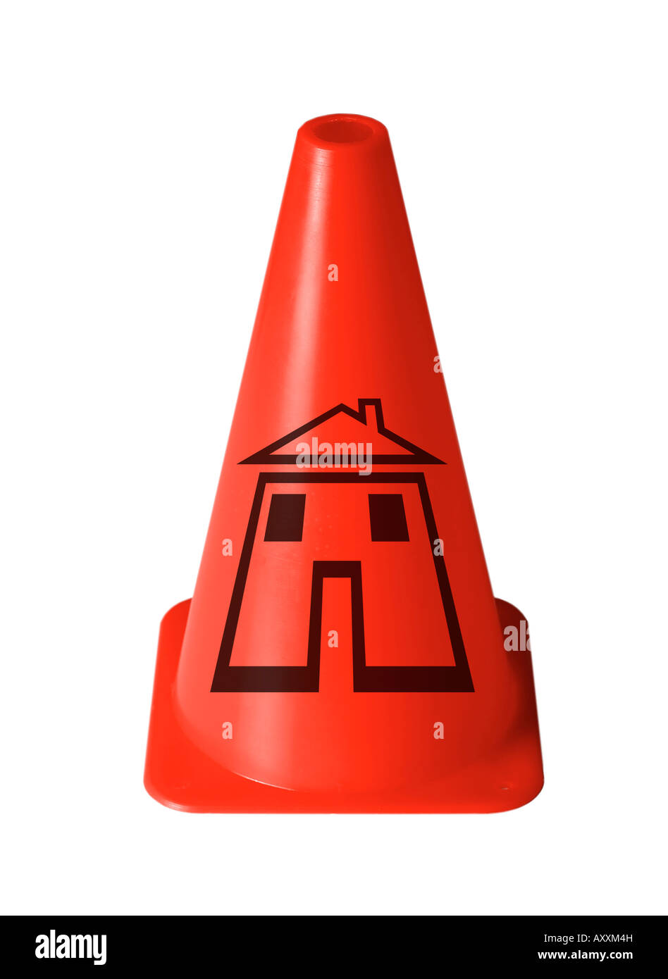 bright red safety cone with house sign printed on against white cutout ...