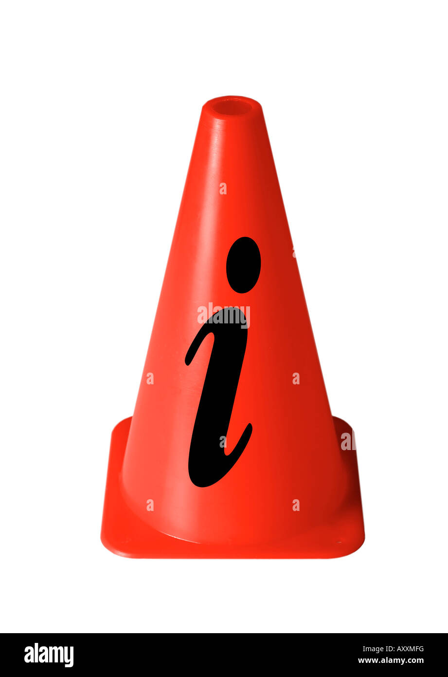 bright red safety cone with information sign printed on against white ...
