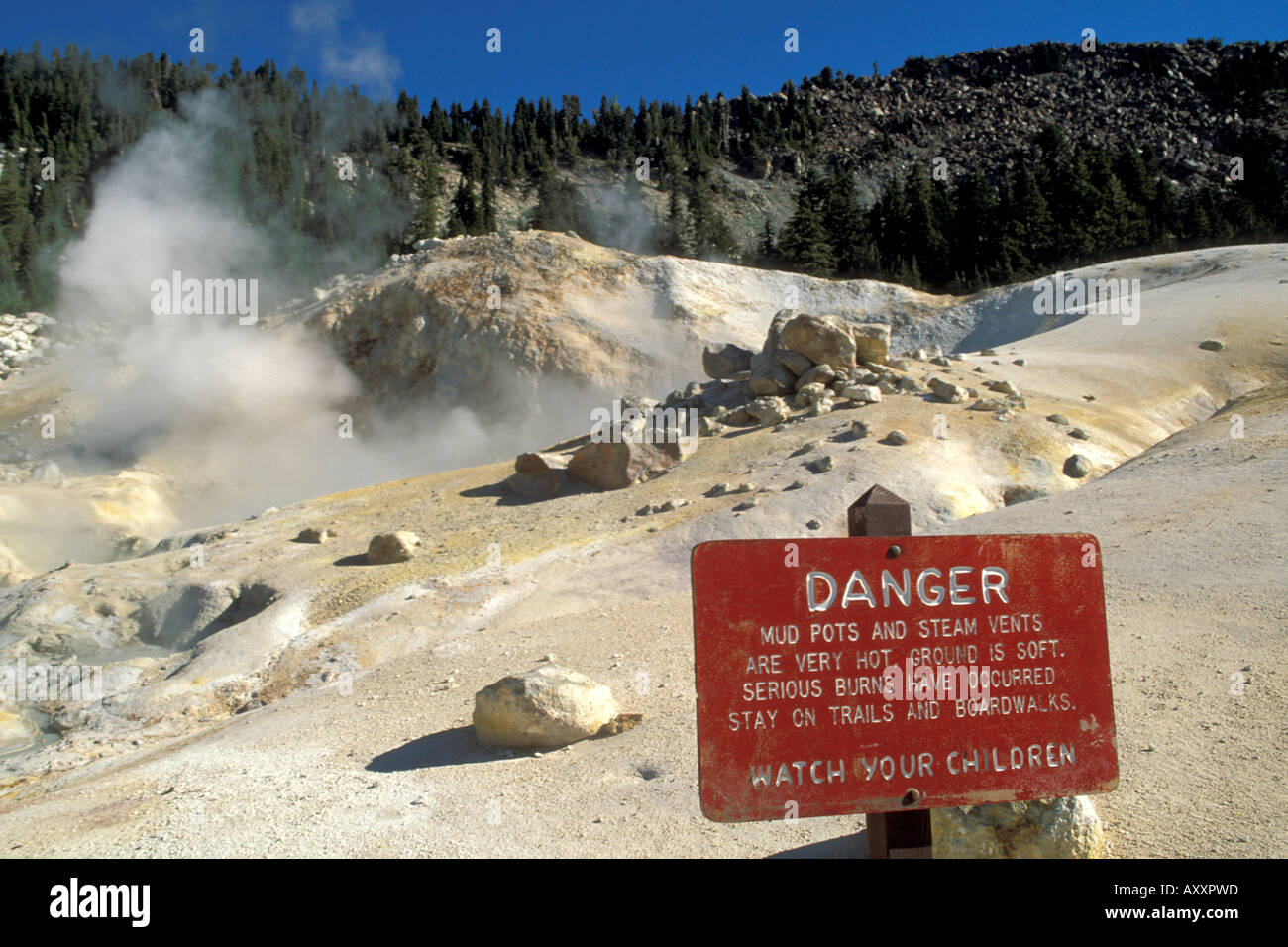 Danger warning sign next to hydrothermal hot spirng at Bumpass Hell ...