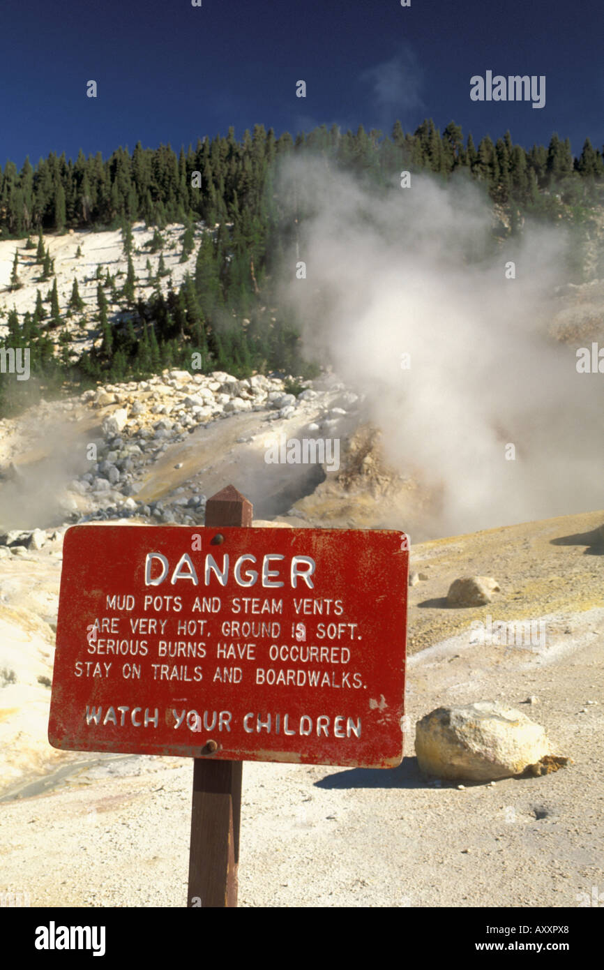Danger warning sign next to hydrothermal hot spirng at Bumpass Hell ...