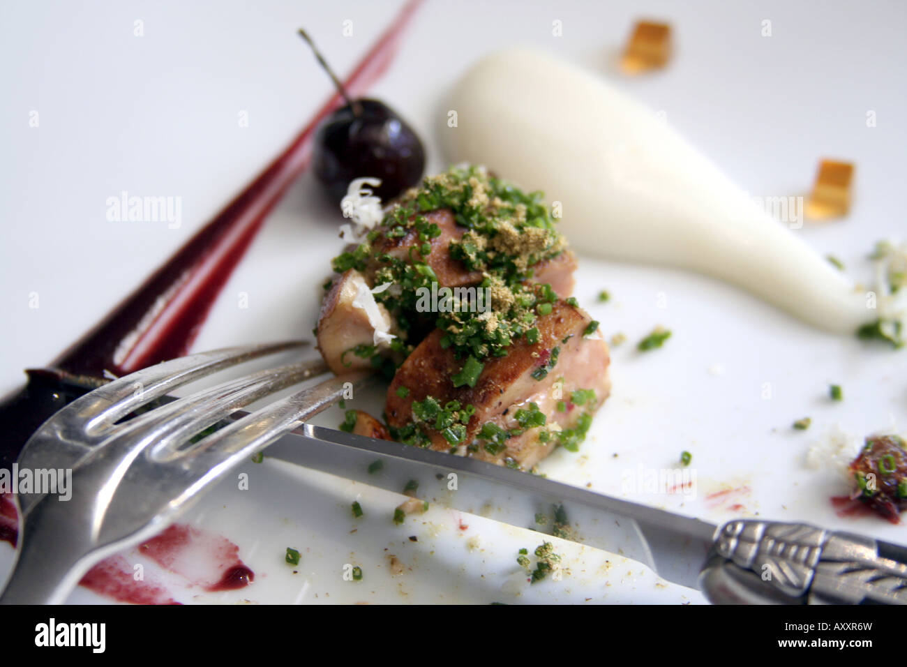 Roast foie gras "benzaldehyde", with almond fluid gel, cherry ...