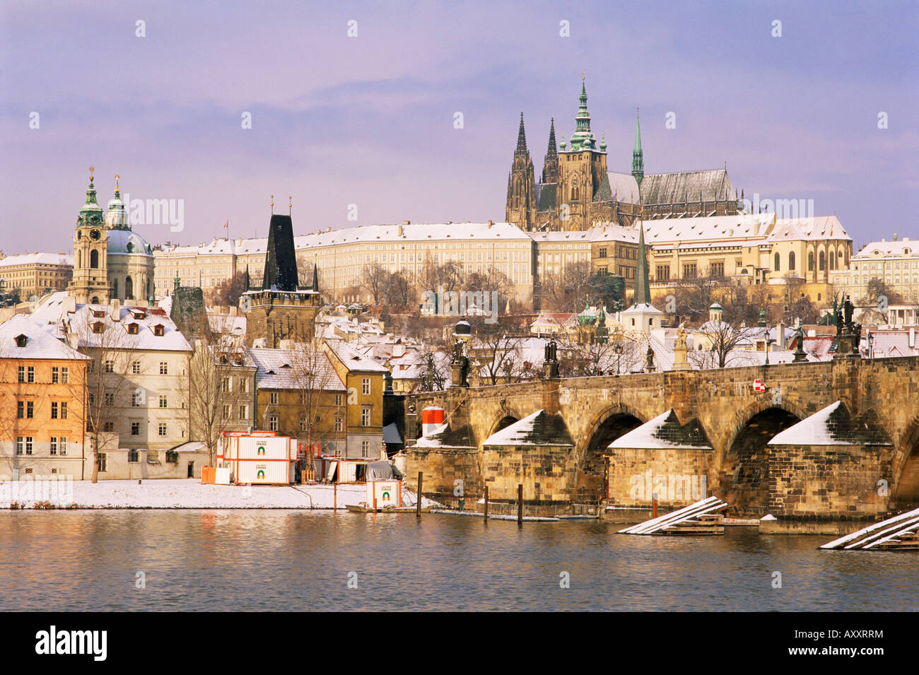 Prague Castle, Charles Bridge, Vltava River and suburb of Mala Strana ...