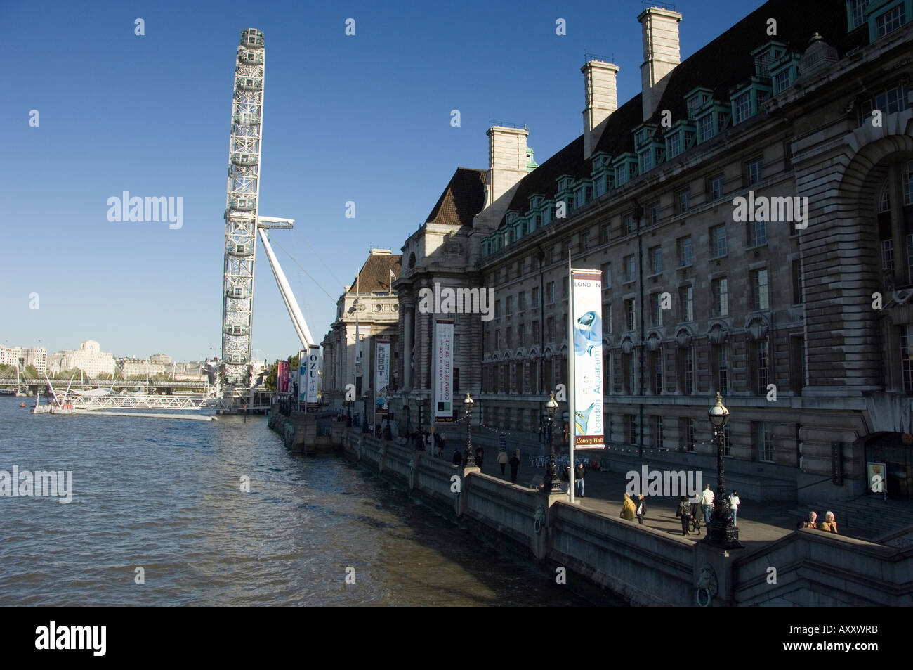Edge on view of the London Eye and the river Thames from the south end ...