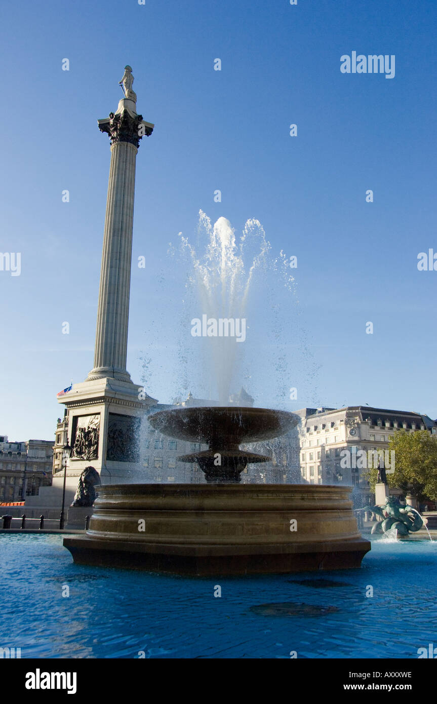 A fountain and Nelsons column in Trafalgar Square central London Stock ...