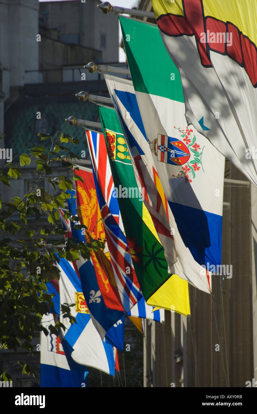 Canadian provinces flags outside Canada House at Trafalgar Square in ...