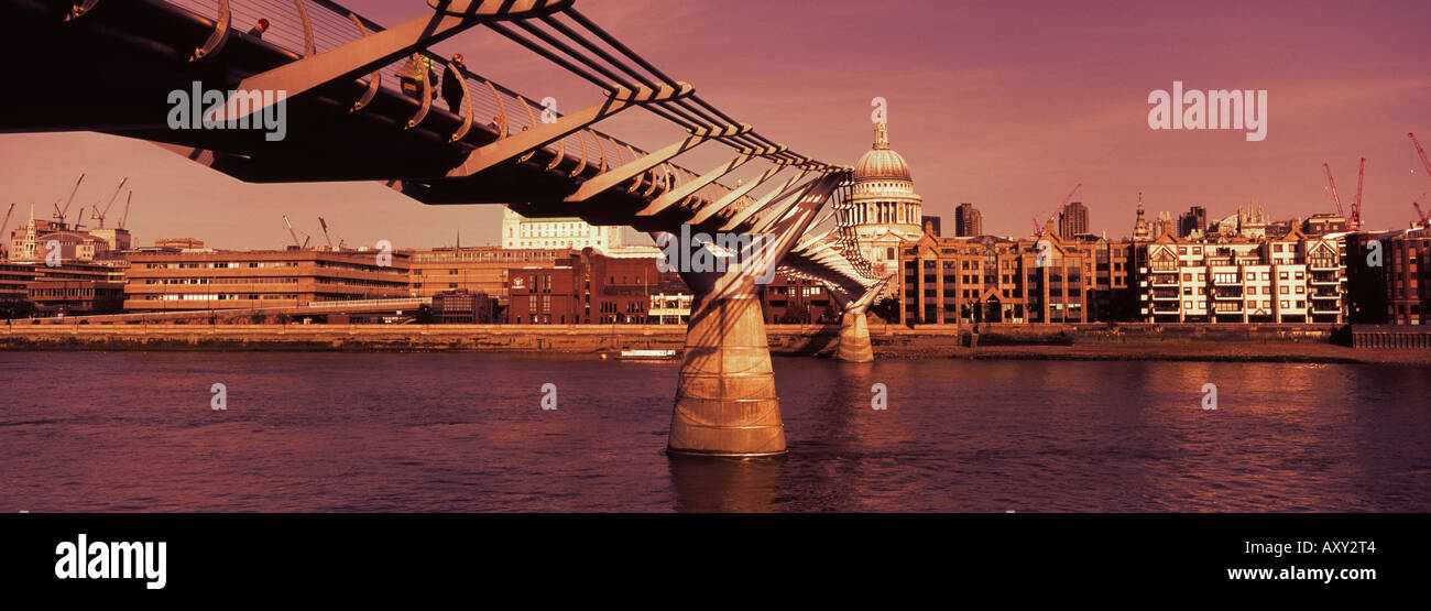 Panoramic view of the River Thames and Millennium bridge in central ...