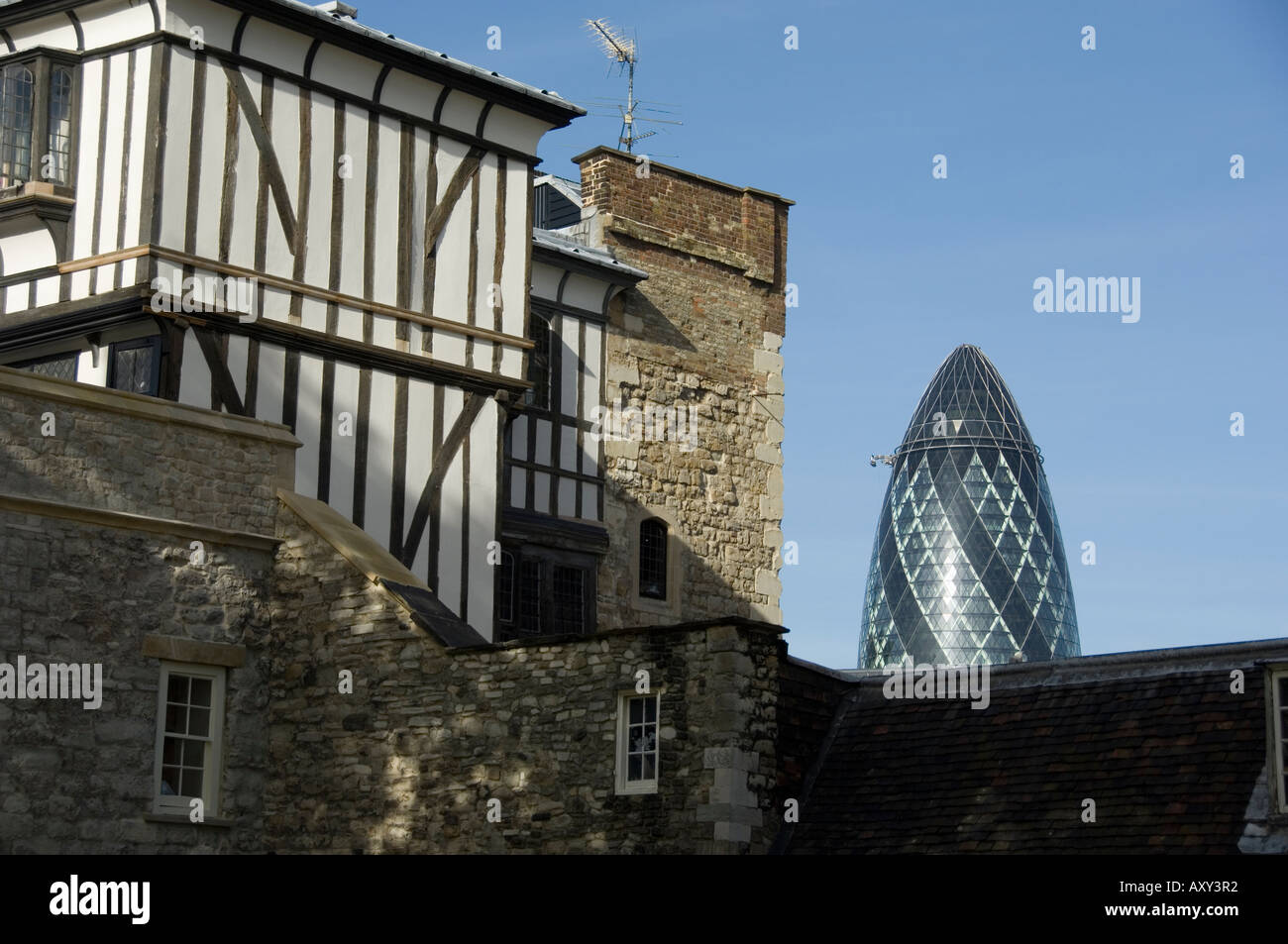 Old and new architecture, the tower of London buildings and the Swiss ...