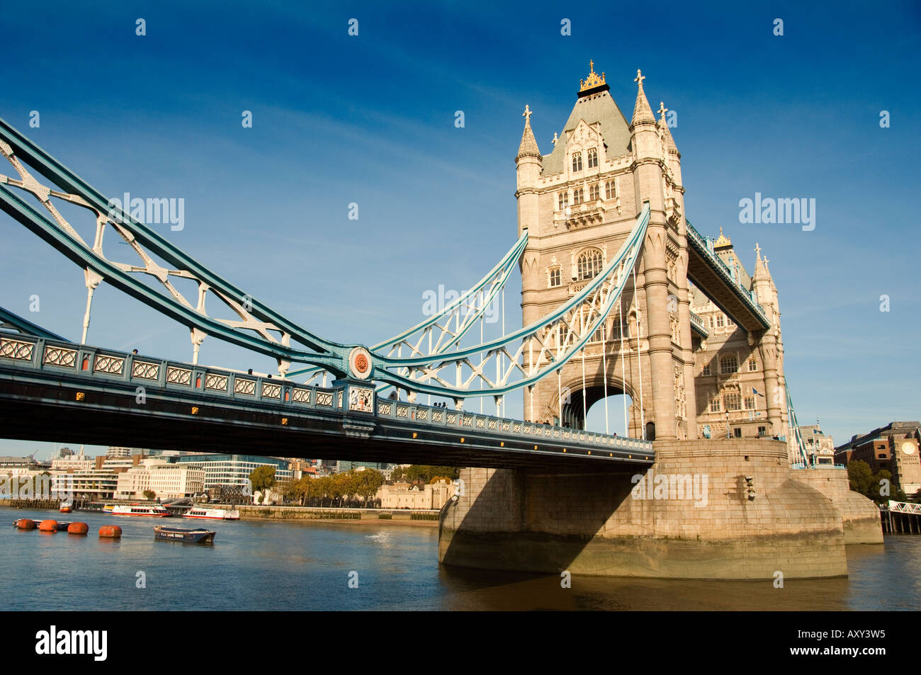 Tower Bridge in central London with the river Thames, angled view from ...