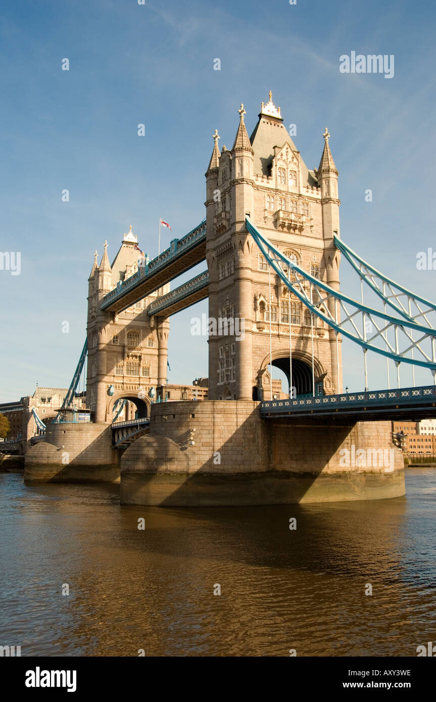 Tower Bridge in central London with the river Thames, angled vertical ...